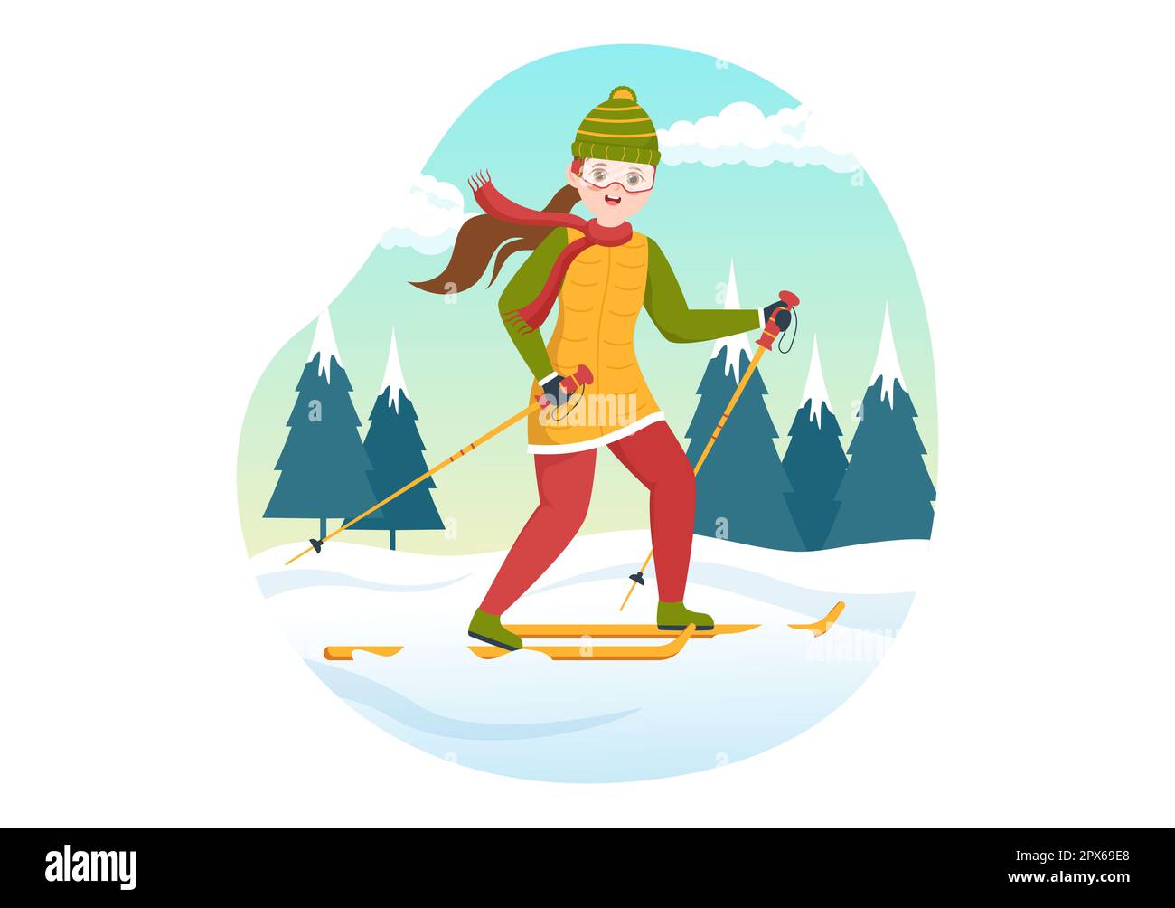 Ski Illustration with Skiers Sliding Near Mountain Going Downhill in ...