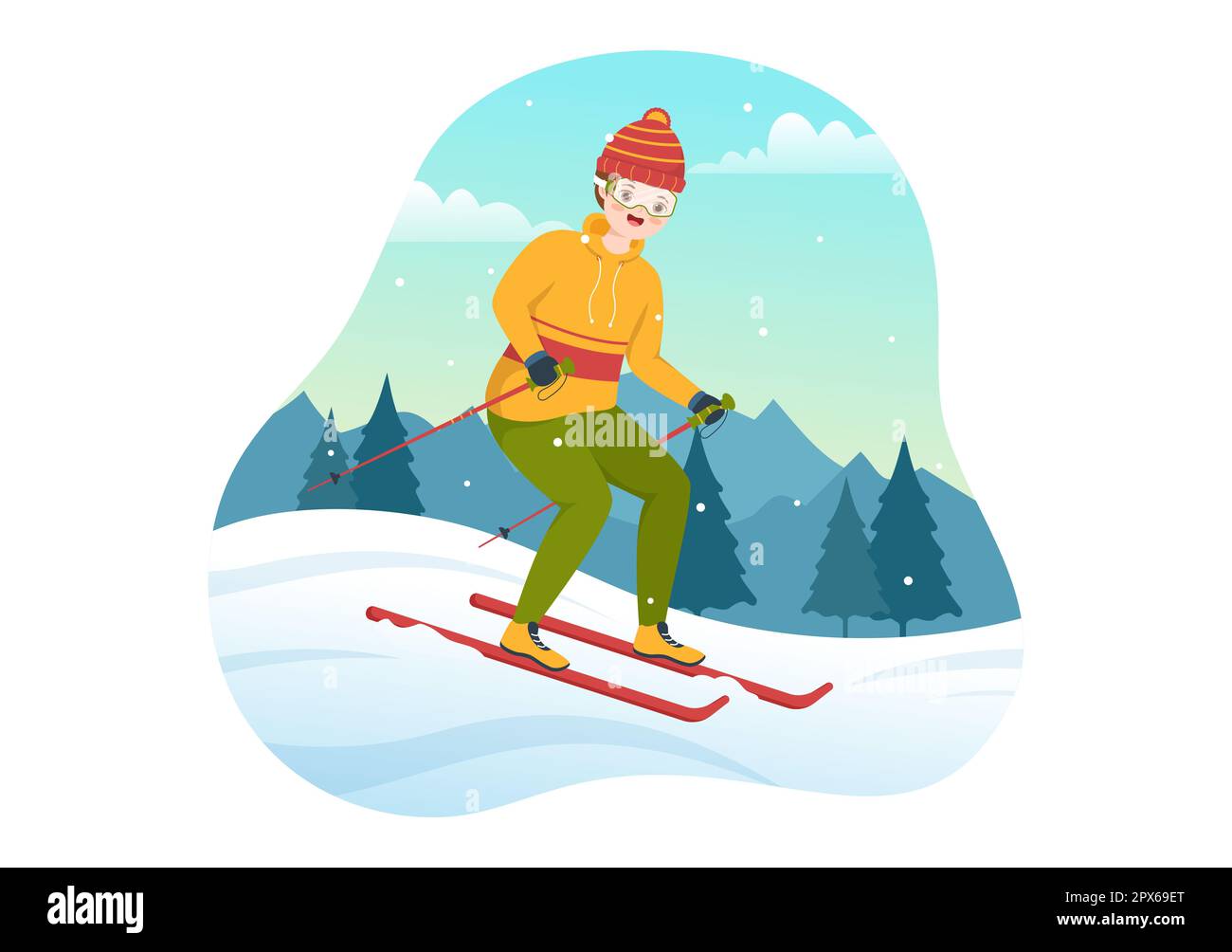 Ski Illustration with Skiers Sliding Near Mountain Going Downhill in ...