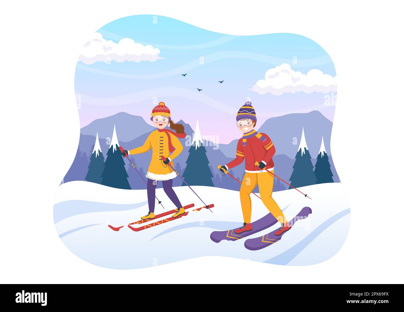 Ski Illustration with Skiers Sliding Near Mountain Going Downhill in ...