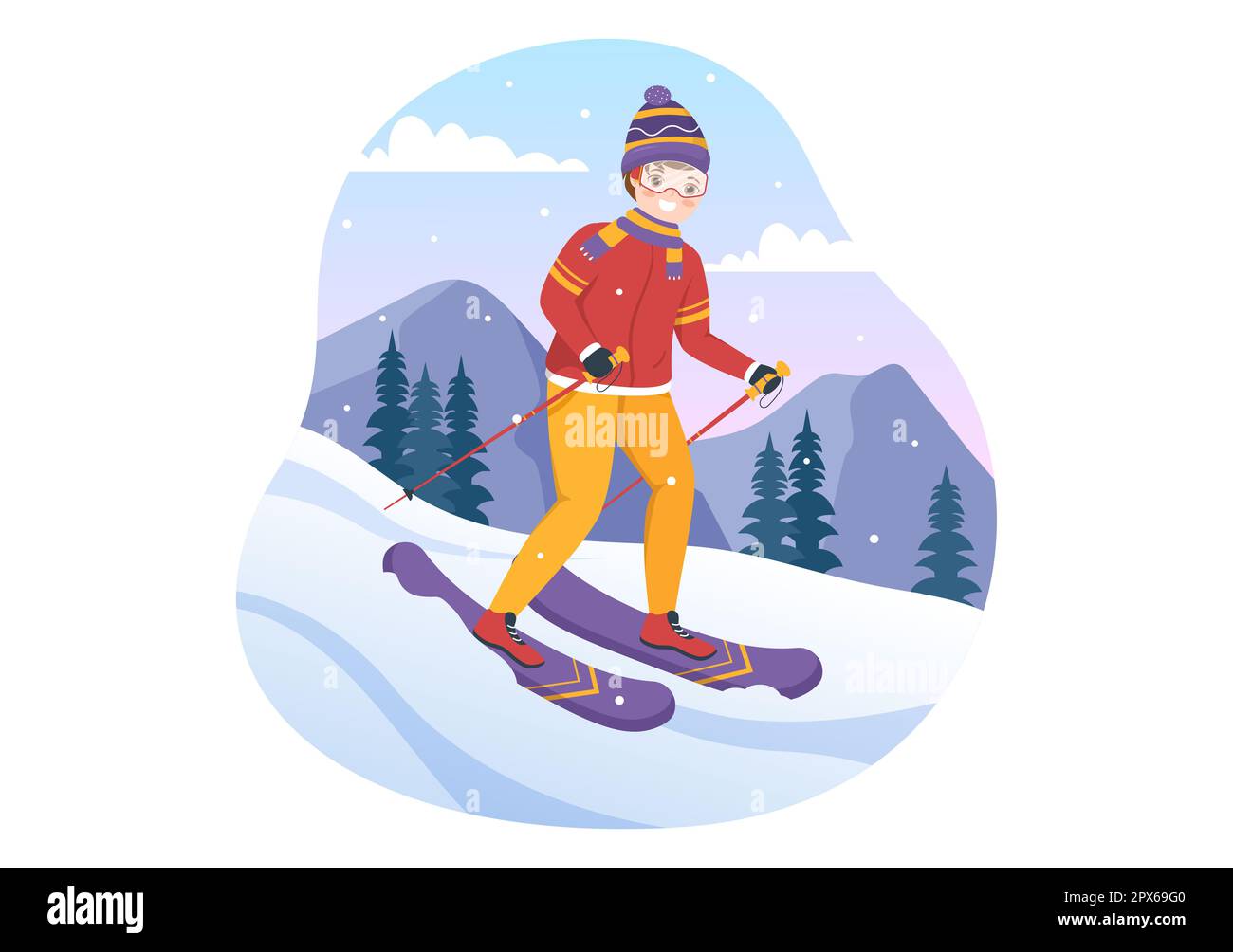 Ski Illustration with Skiers Sliding Near Mountain Going Downhill in ...