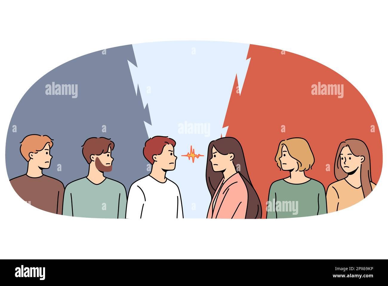 Angry men and women look in eyes stand opposite. Determined mad male ...