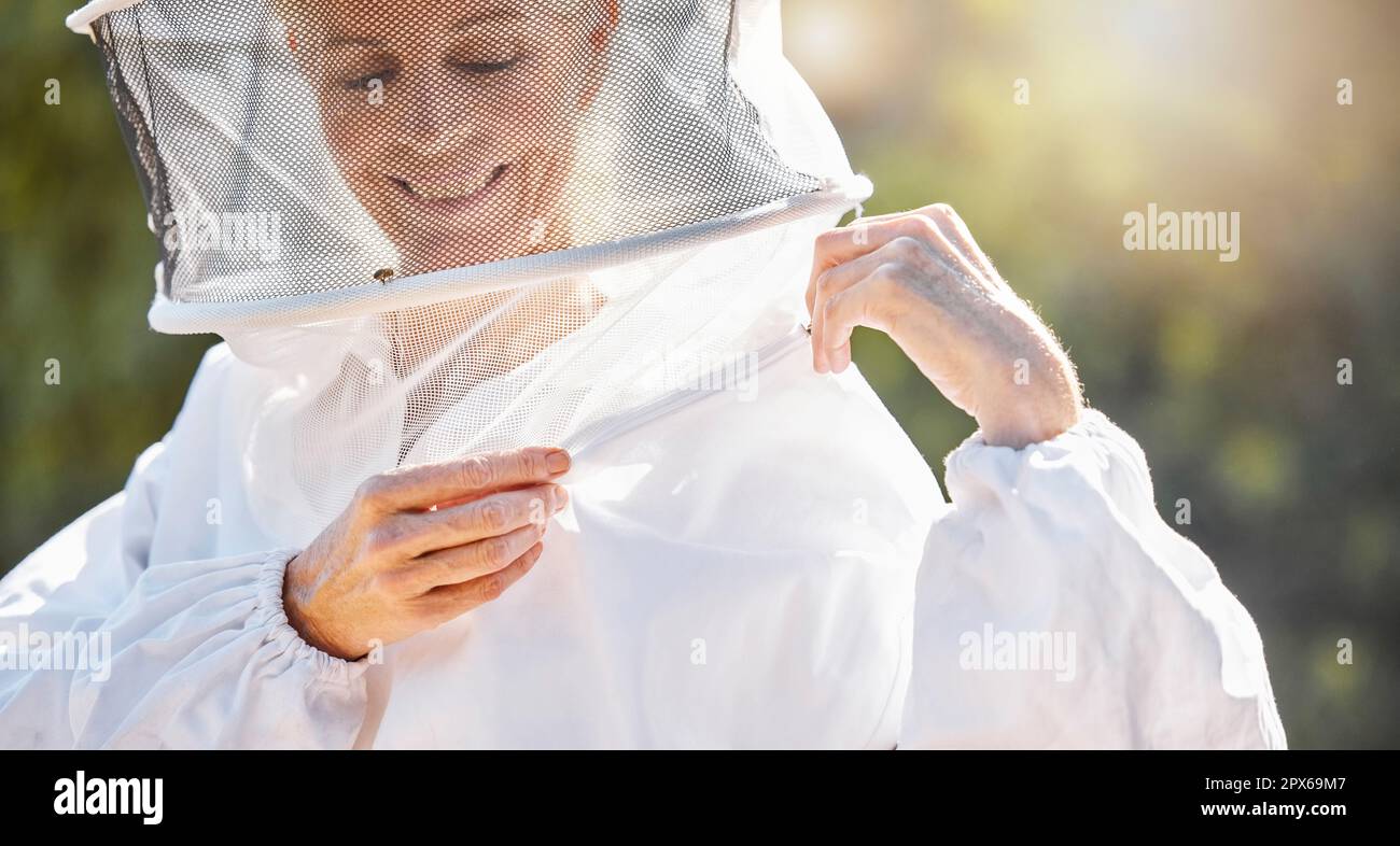 Bee farming, woman and beekeeper with suit for safety, ready to work ...