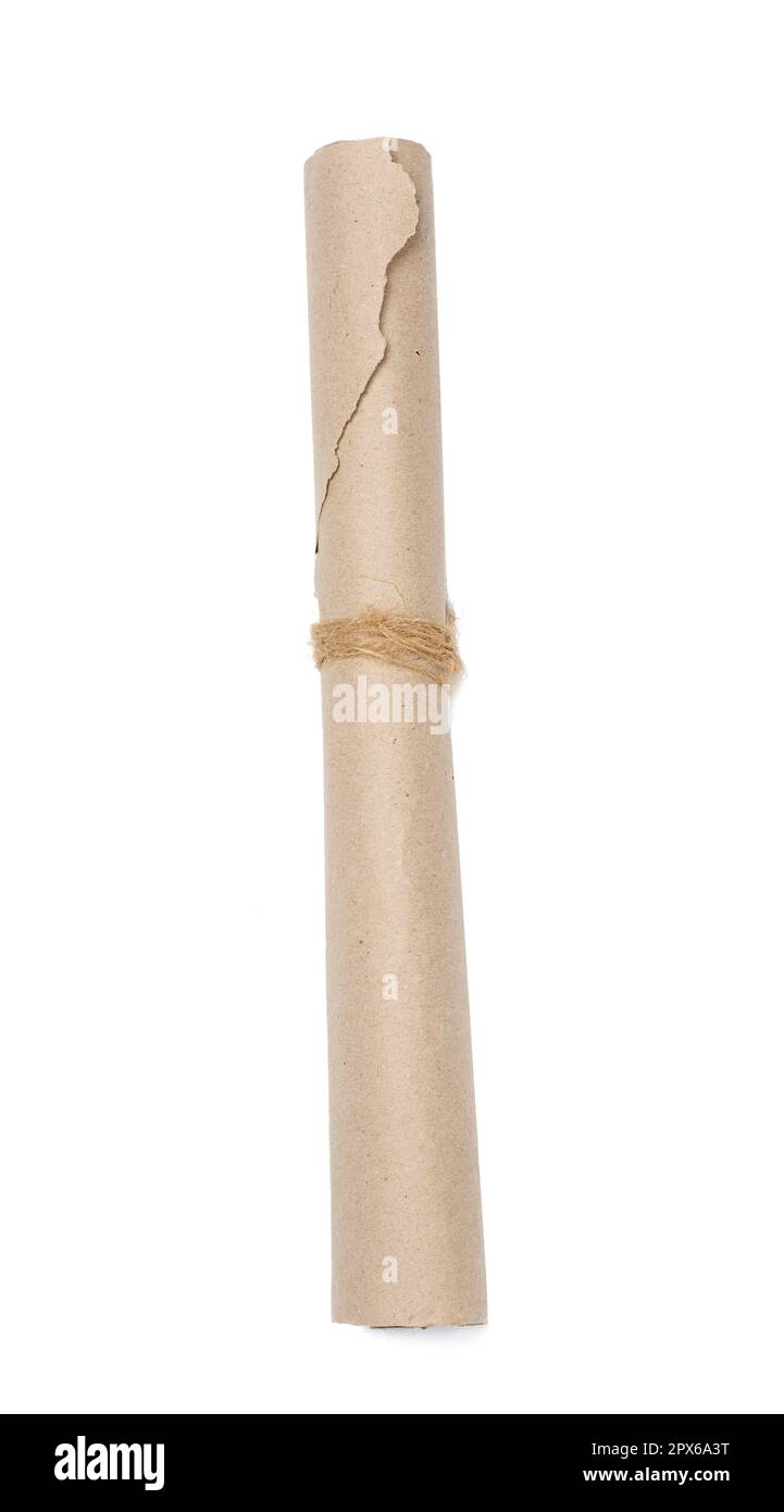 Twisted brown wrapping paper in a roll and tied with a rope on a white ...