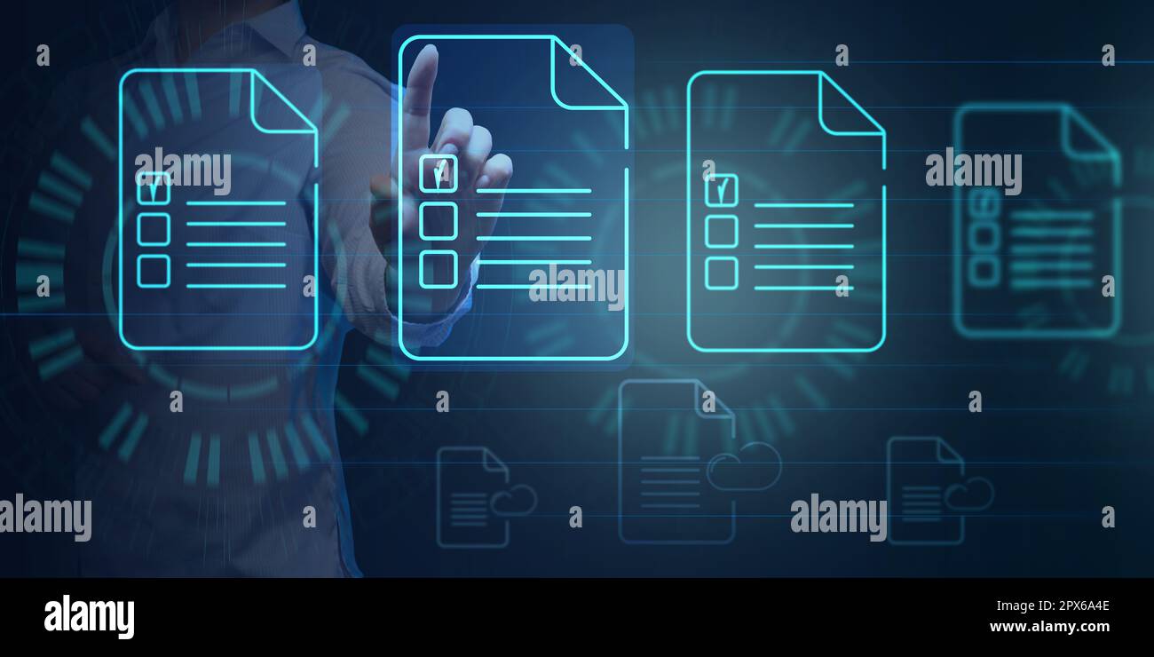 Female hand checks documents on a holographic screen. The concept of ...