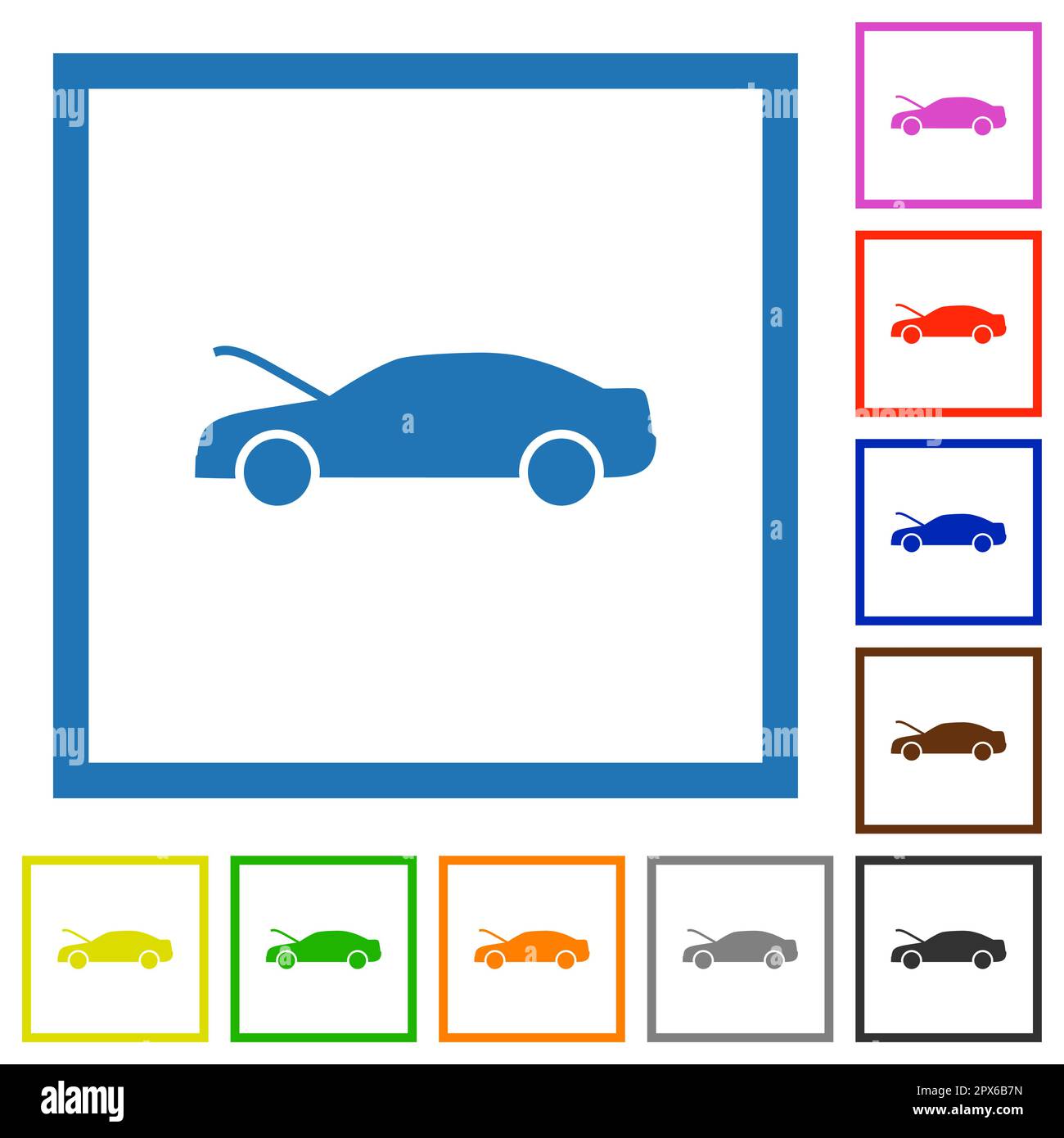 Car hood open dashboard indicator flat color icons in square frames on ...