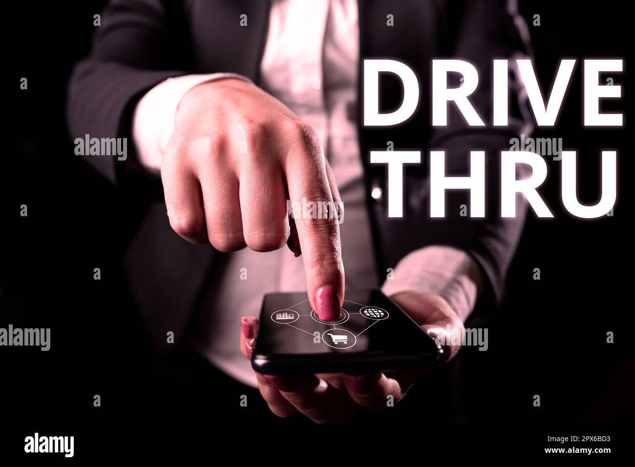 Hand writing sign Drive Thru, Word Written on place where you can get ...