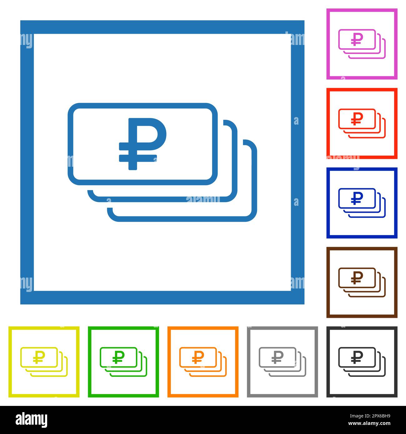 Russian Ruble banknotes outline flat color icons in square frames on ...