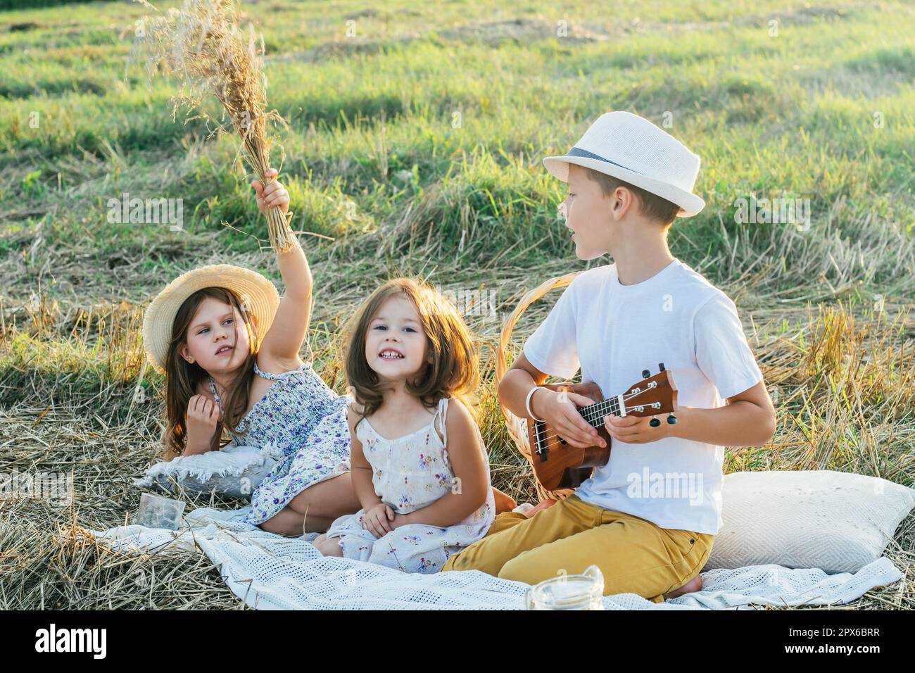 Handsome little boy play ukulele sitting on blanket on field, girl hold ...