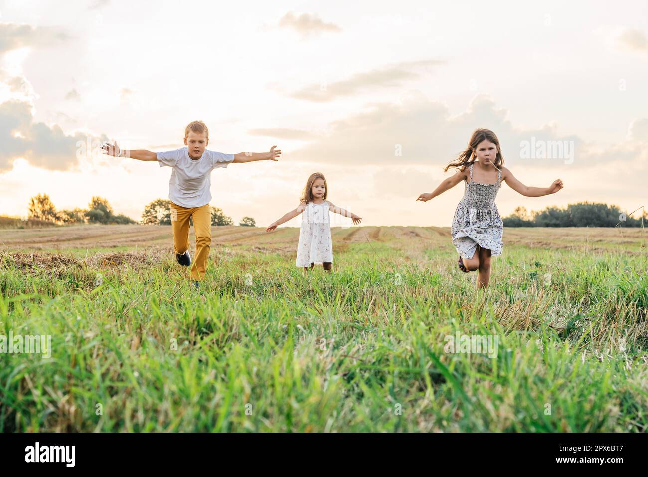 Happy little children play together and run forward across field waving ...