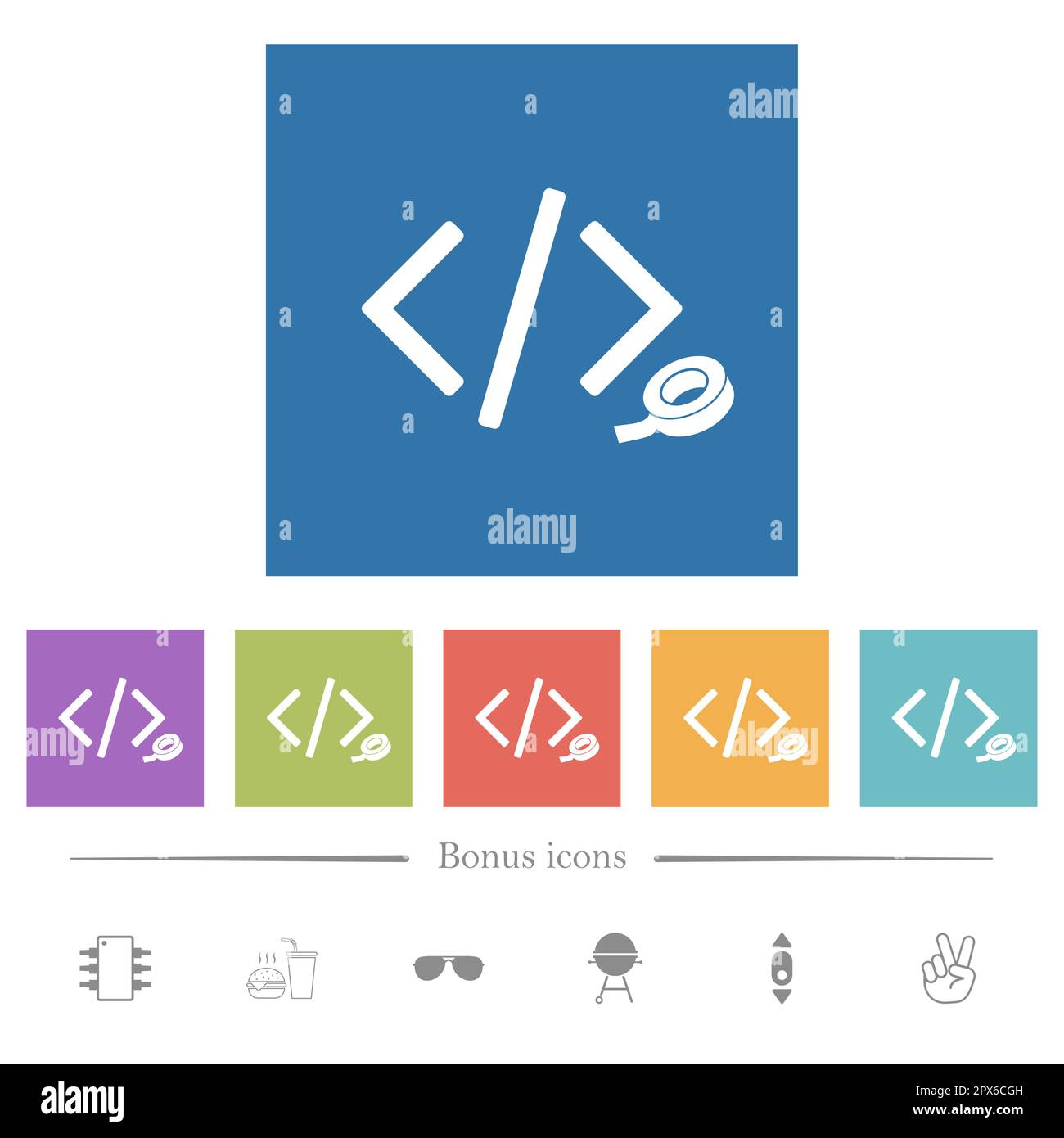 Software patch flat white icons in square backgrounds. 6 bonus icons ...