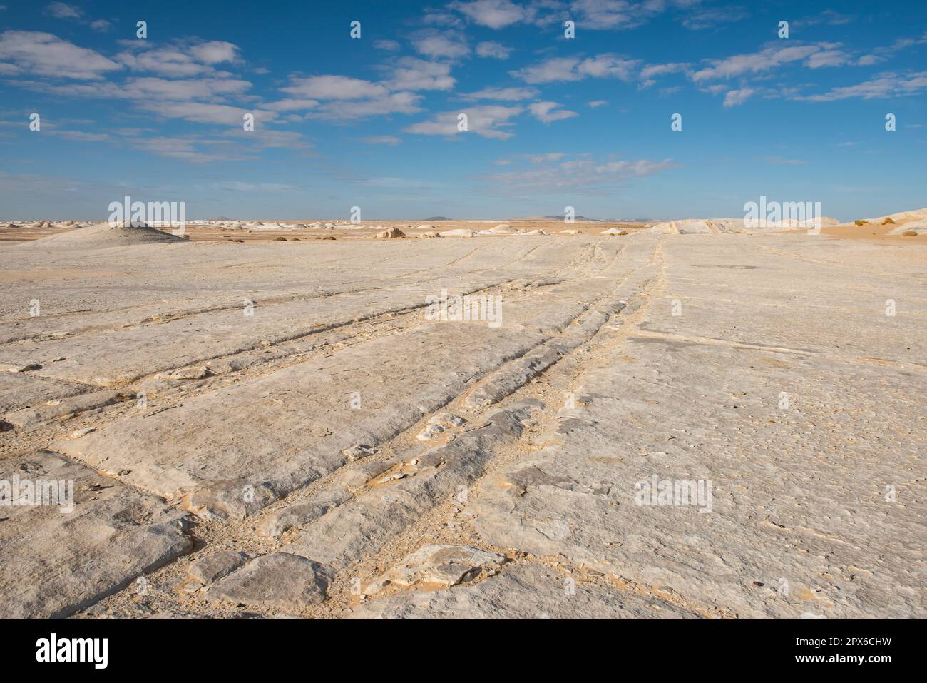 Landscape scenic view of desolate barren western white desert in Egypt ...