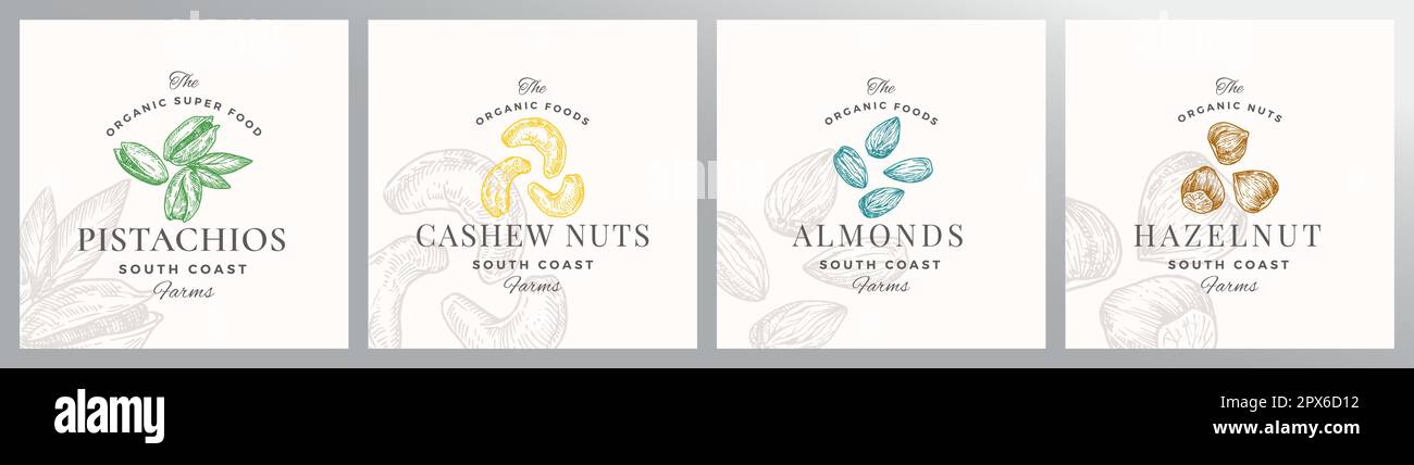 Nuts Logo Templates Set. Hand Drawn Almonds, Pistachios, Cashew and ...