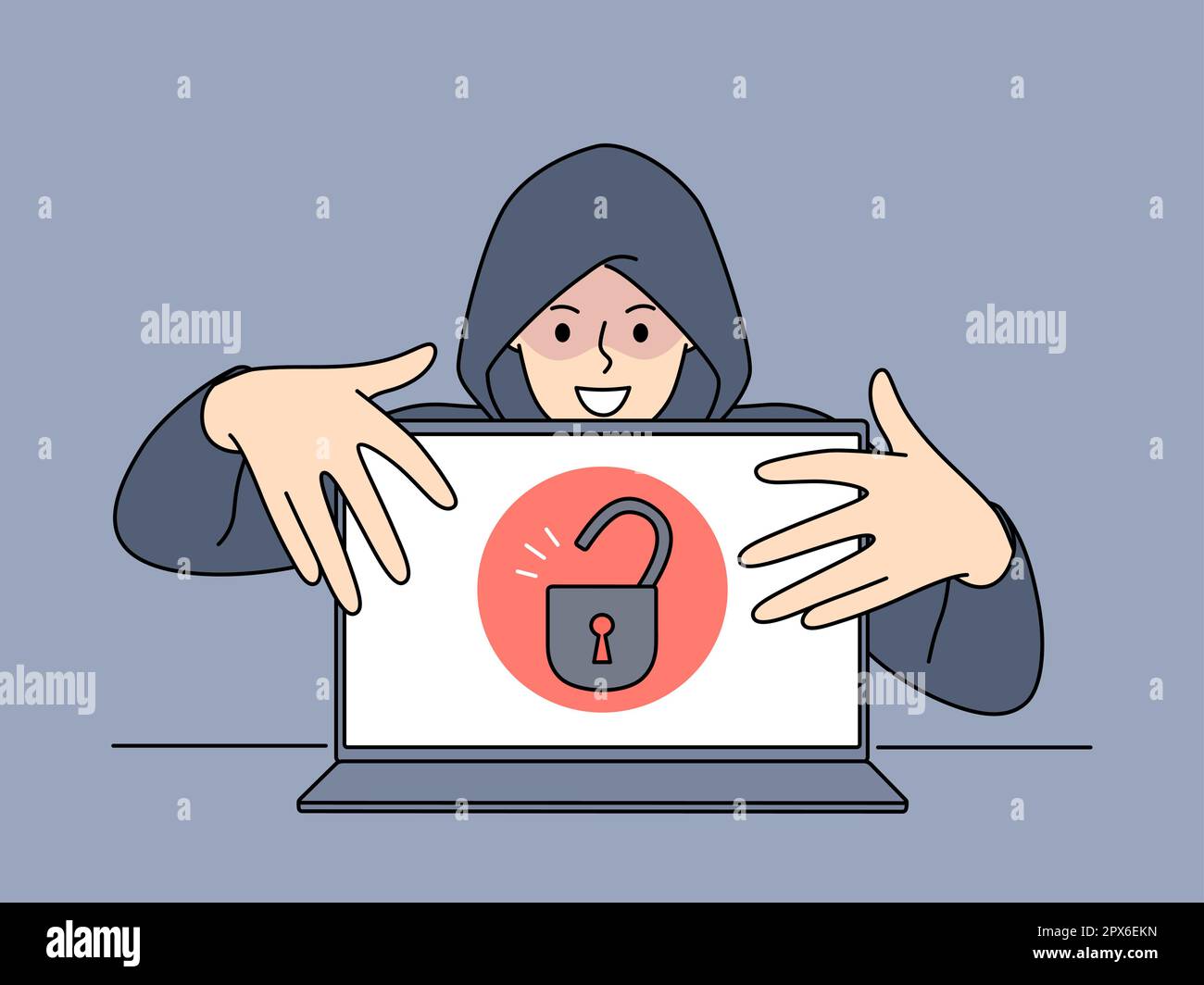Hacker In Hood Touching Open Laptop With Padlock Symbol On Screen Steal Secure Information
