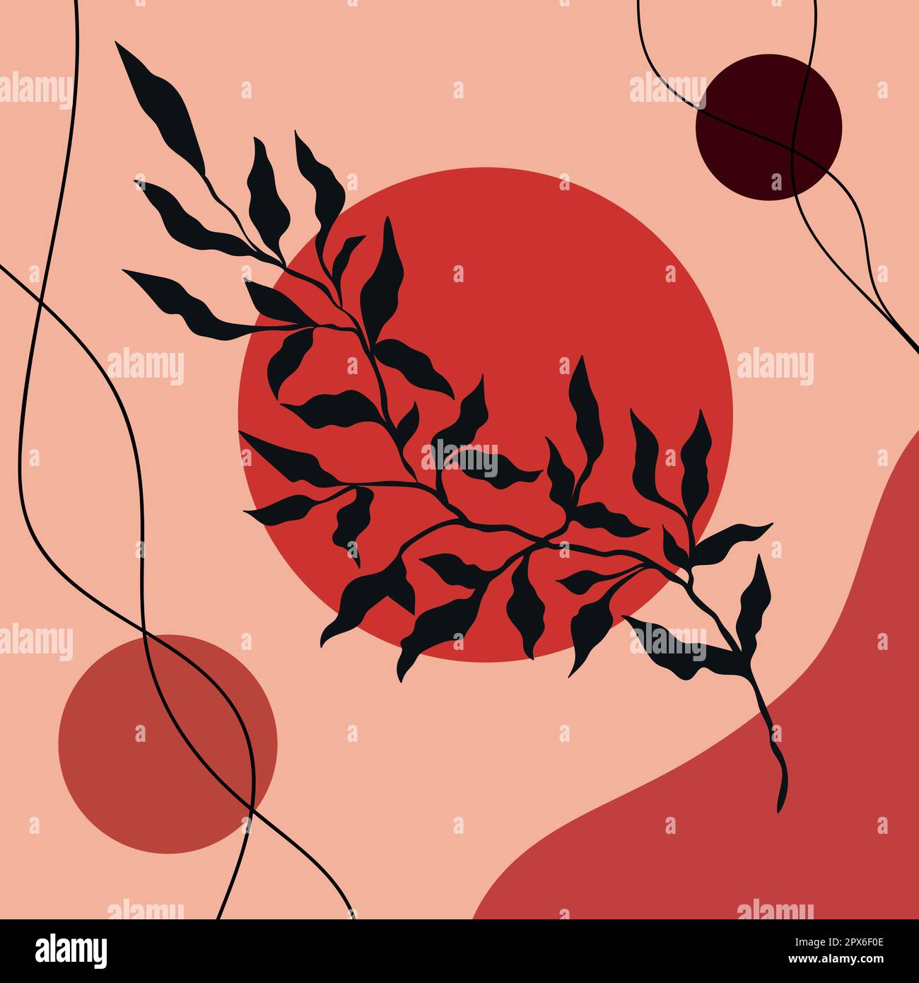 Abstract botanical background with shapes and lines in red and black ...