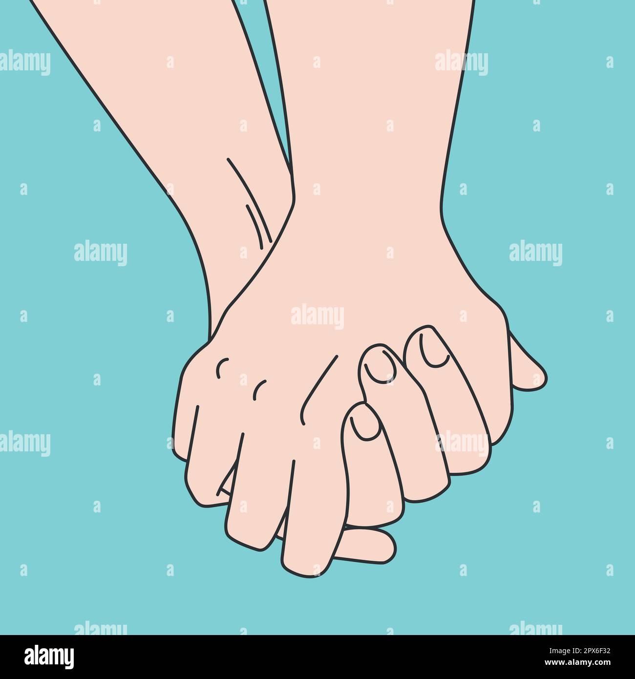 Hand drawn art of hand in hand on blue background. Love and friendship ...