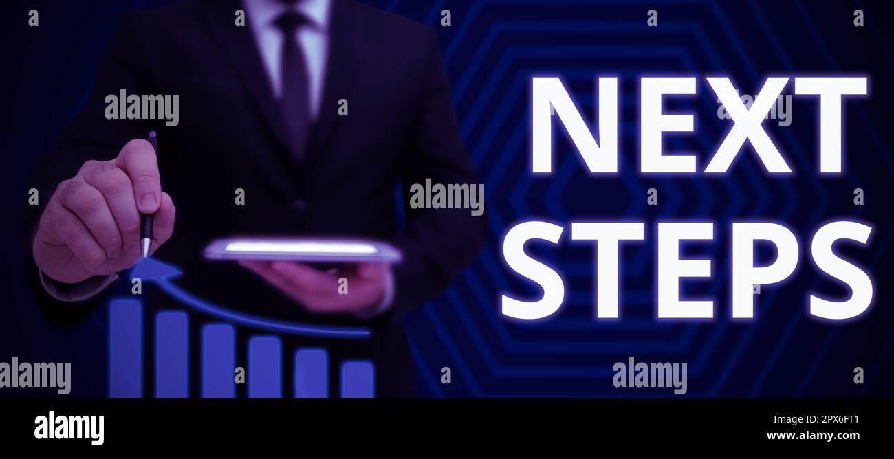 Handwriting text Next Steps, Business overview numper of process going ...