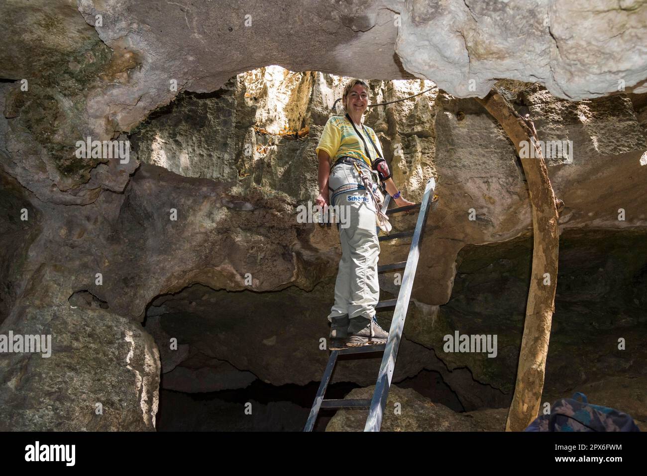 Woman climbing ladder in karst rock, Tsingy du Bemaraha National Park ...