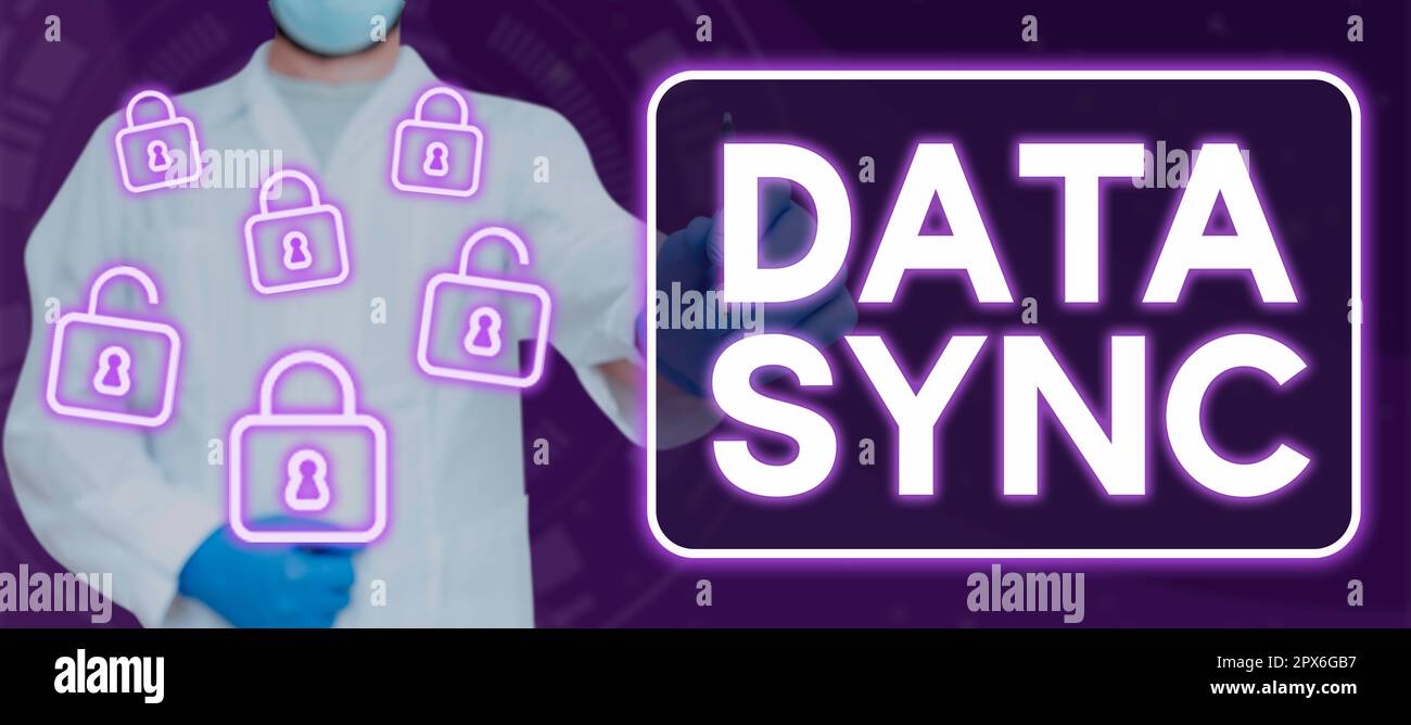 Text caption presenting Data Sync, Conceptual photo data that is continuously generated by ...