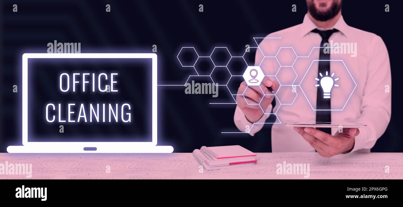 Hand writing sign Office Cleaning, Business overview the action or ...