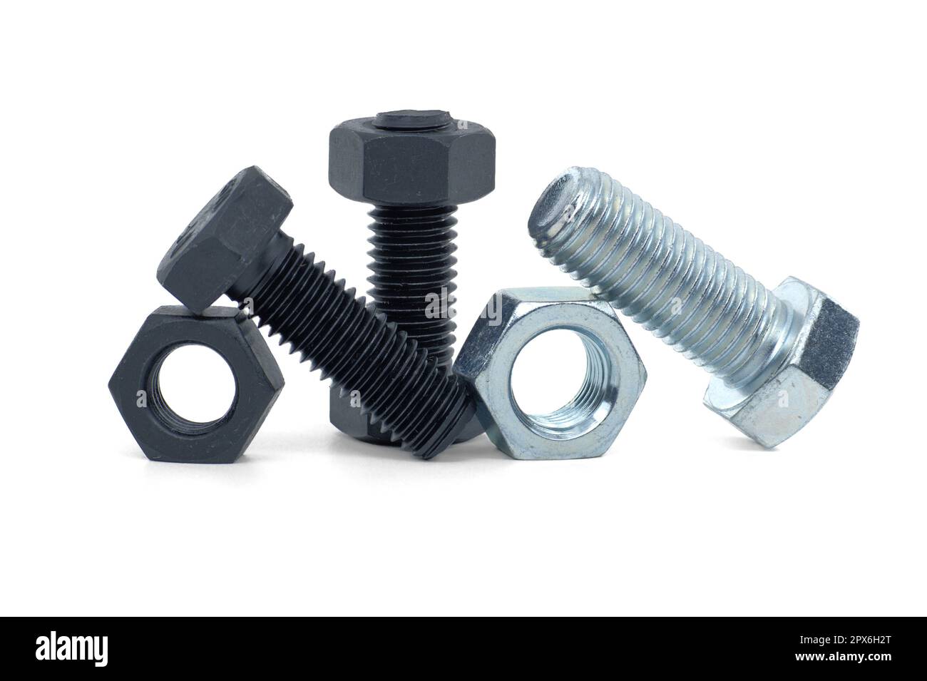 Coated with black oxide and zinc plated hexagon bolts and nuts isolated ...