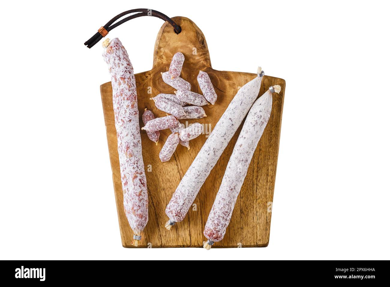 Assortment of fermented sausage covered with white mold, top view Stock ...