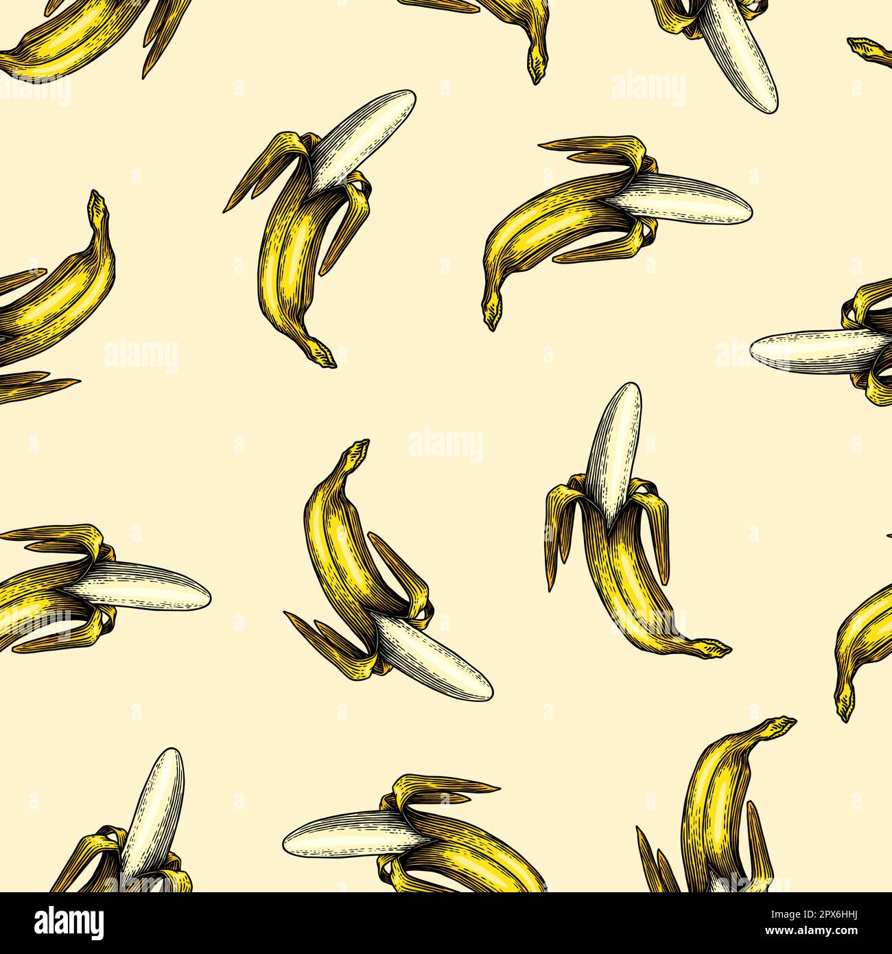 Banana fruit seamless pattern. Hand drawn with ink in vintage style ...