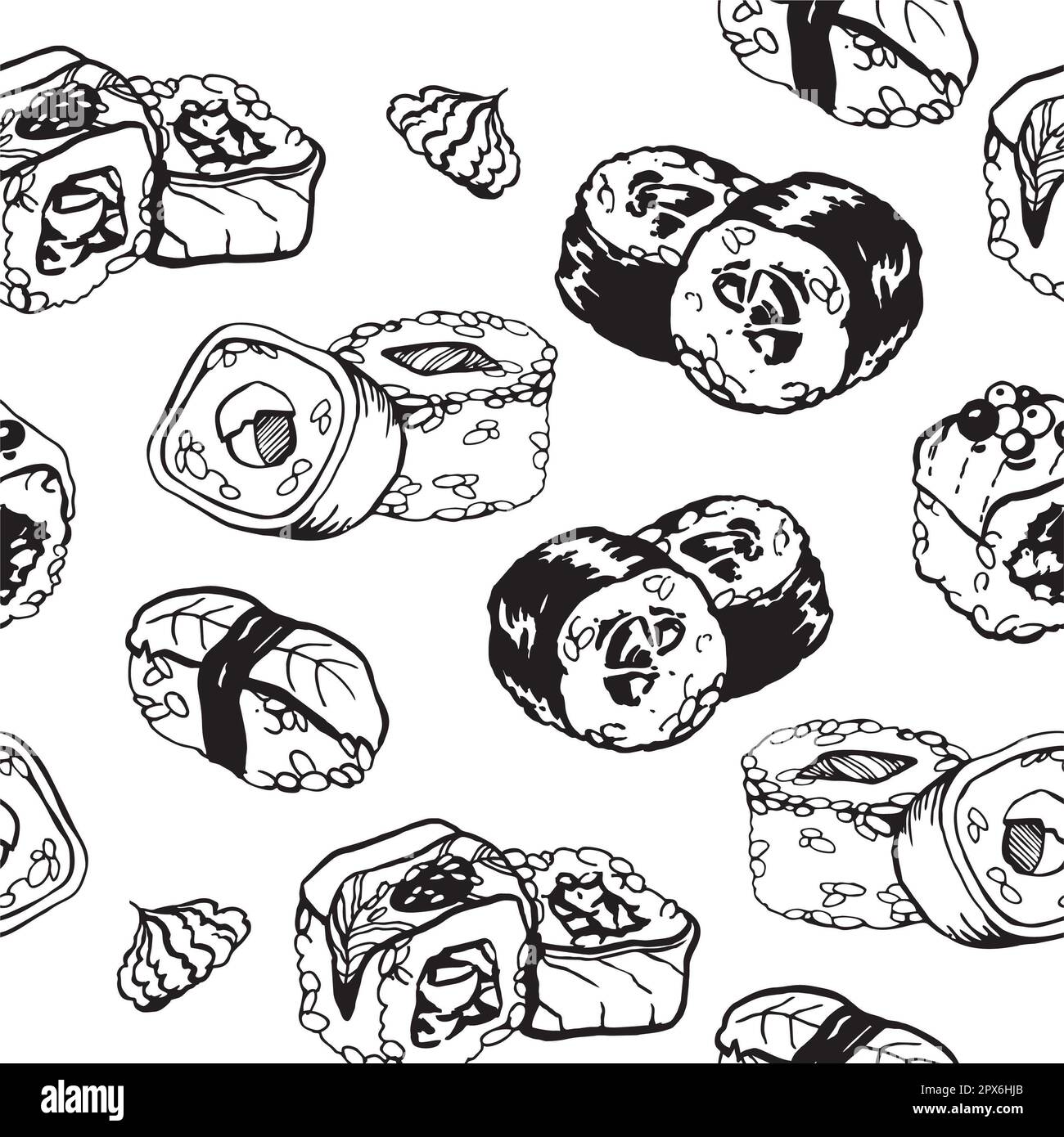 seamless pattern of japanese food roll rice, fish, hand draw line art ...