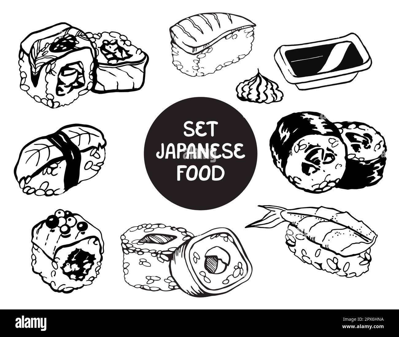 set of japanese food roll rice, fish, hand draw line art, vector ...