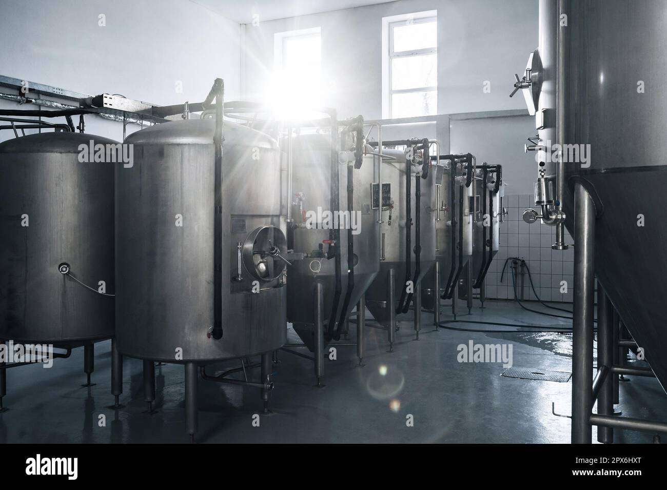 beer production plant. interior of a modern technological brewery Stock ...