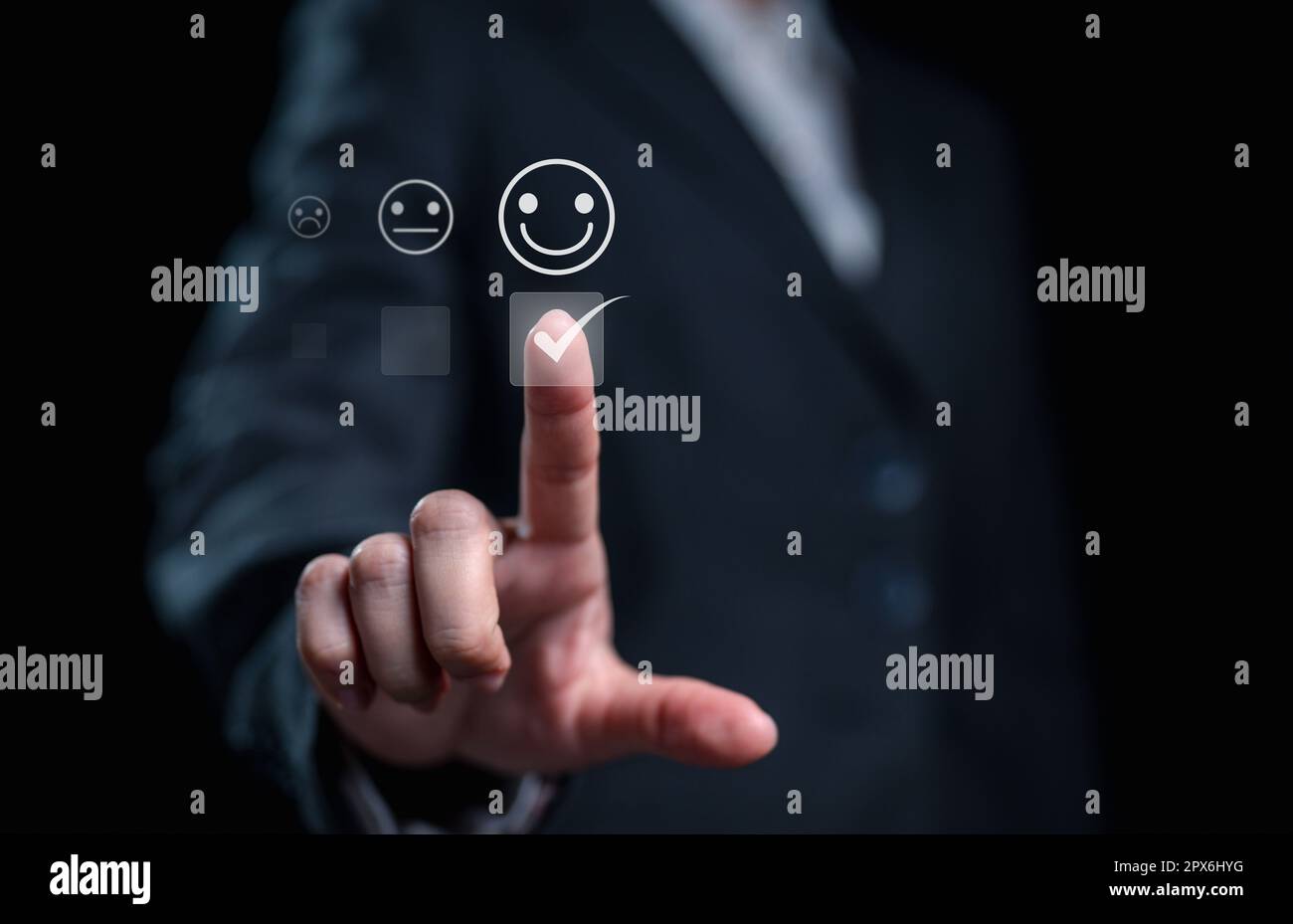 Businessman pressing smiley face emoticon on virtual screen Stock Photo ...