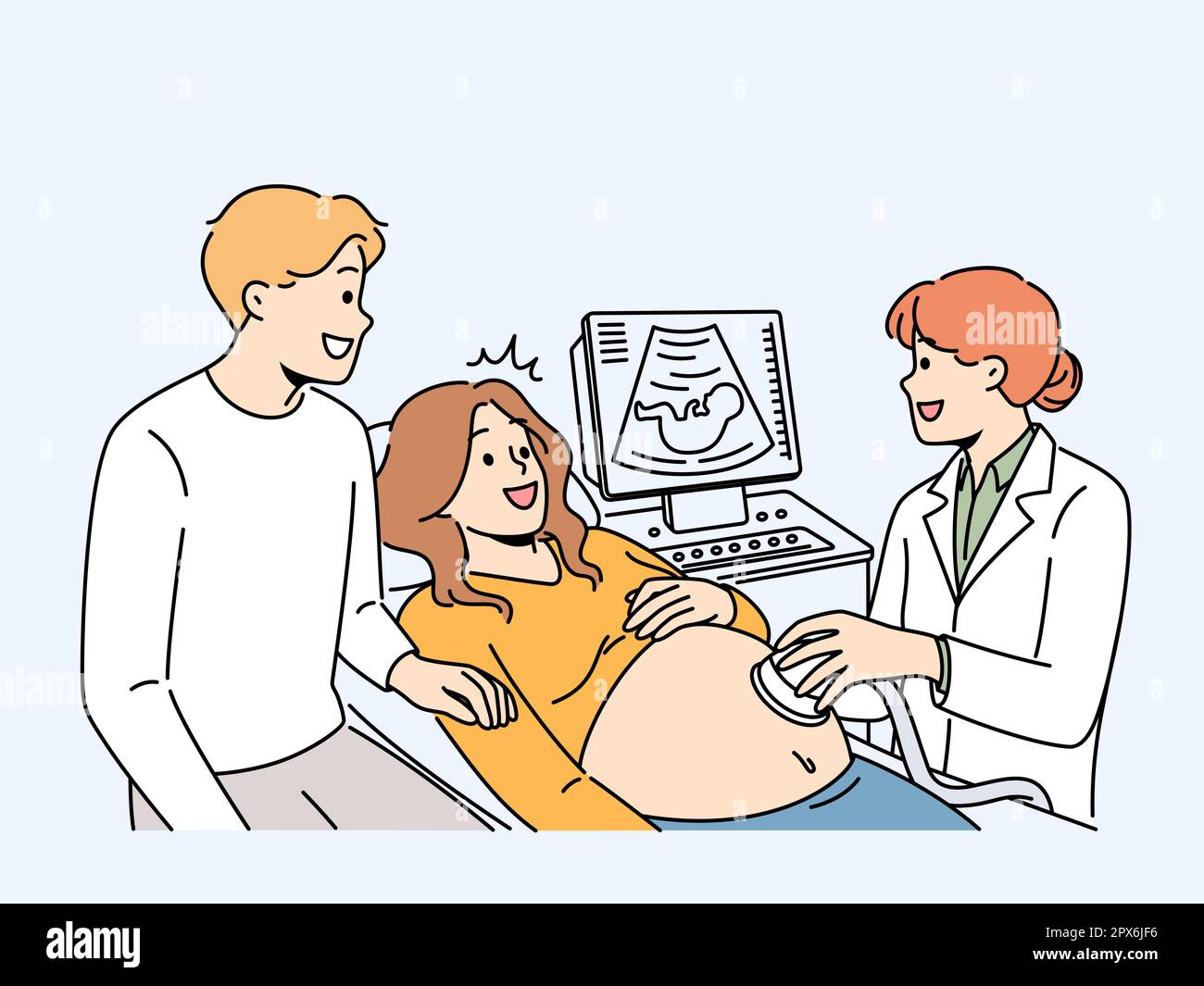 Happy pregnant couple have ultrasound in clinic. Smiling future parents ...