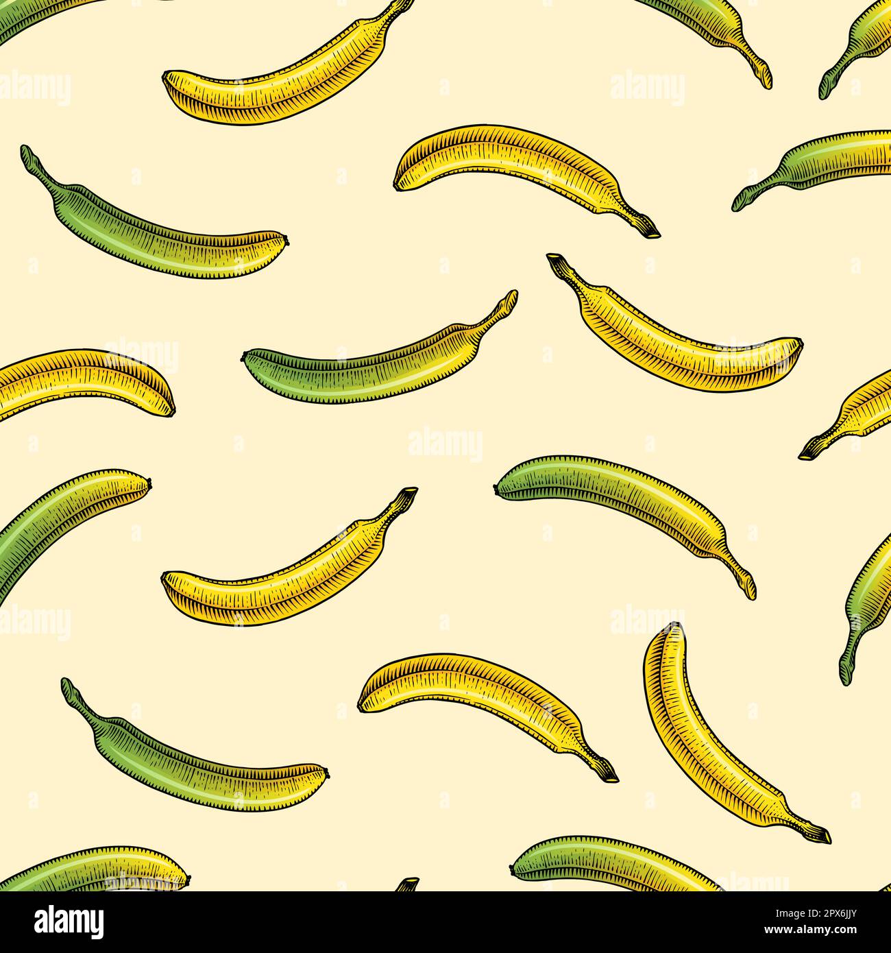 Banana fruit seamless pattern. Hand drawn with ink in vintage style ...