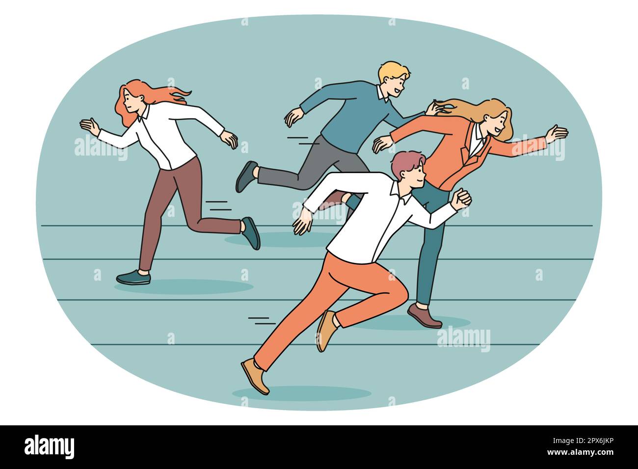 Weak woman employee refuse compete in race with colleagues or coworkers ...