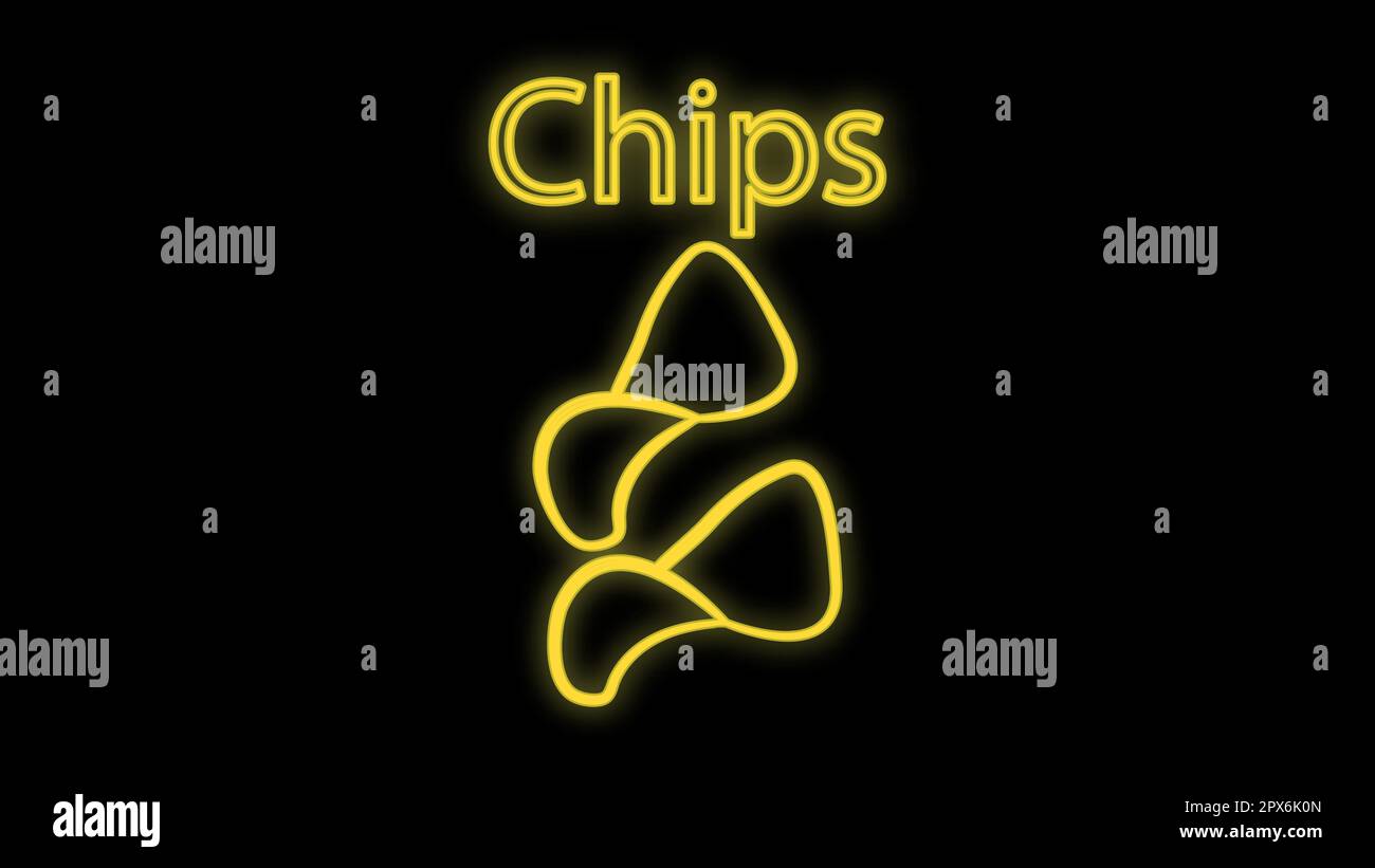 Chips packet neon sign. Glowing illustration of green packet with ...