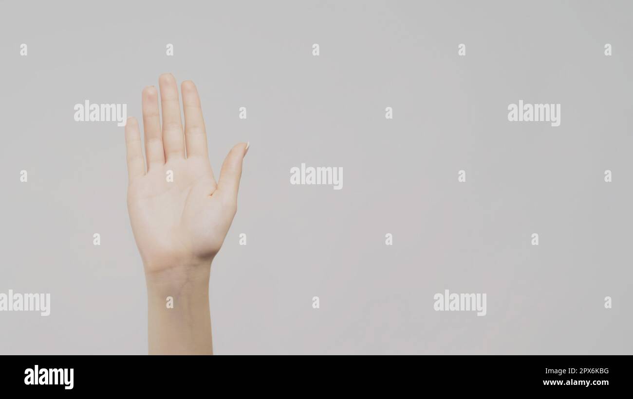 Hello gesture greeting sign female hand light Stock Photo - Alamy