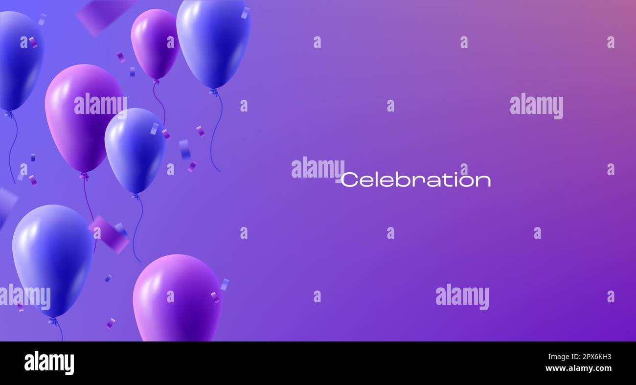 Celebration banner with purple and blue air balloons with confettii, 3d ...