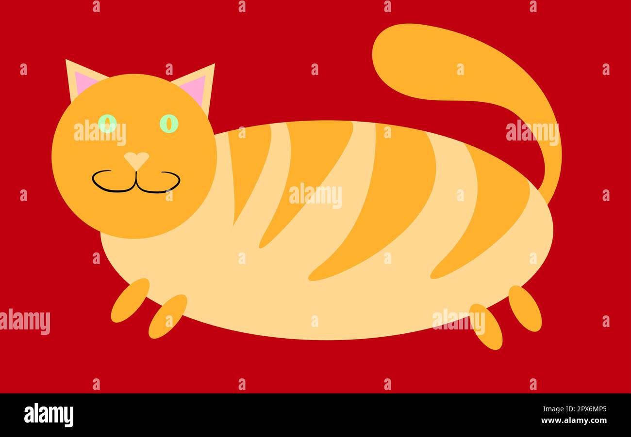 Red, fat, fat, striped cat with short paws and a small head with ears ...