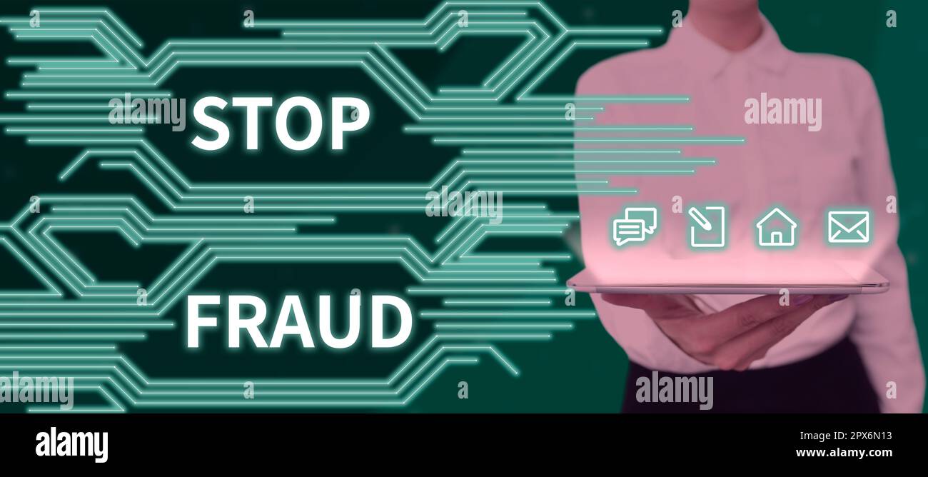 Conceptual caption Stop Fraud, Business showcase campaign advices ...
