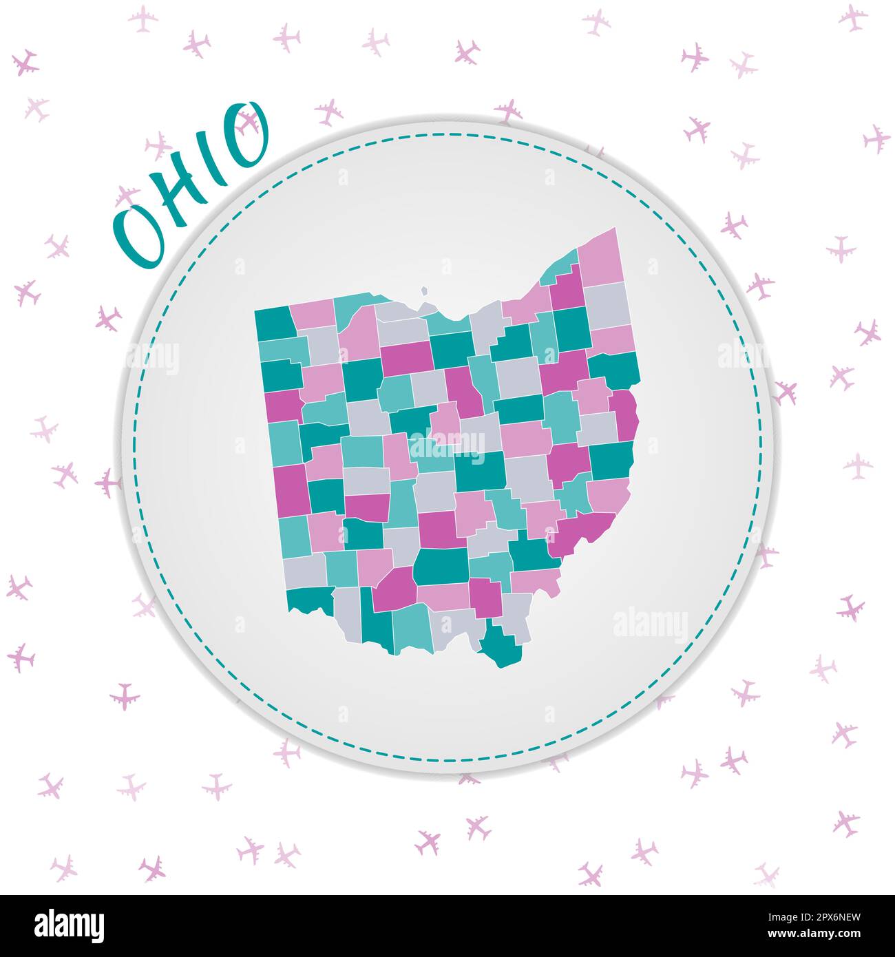 Ohio map design. Map of the US state with regions in emerald-amethyst ...