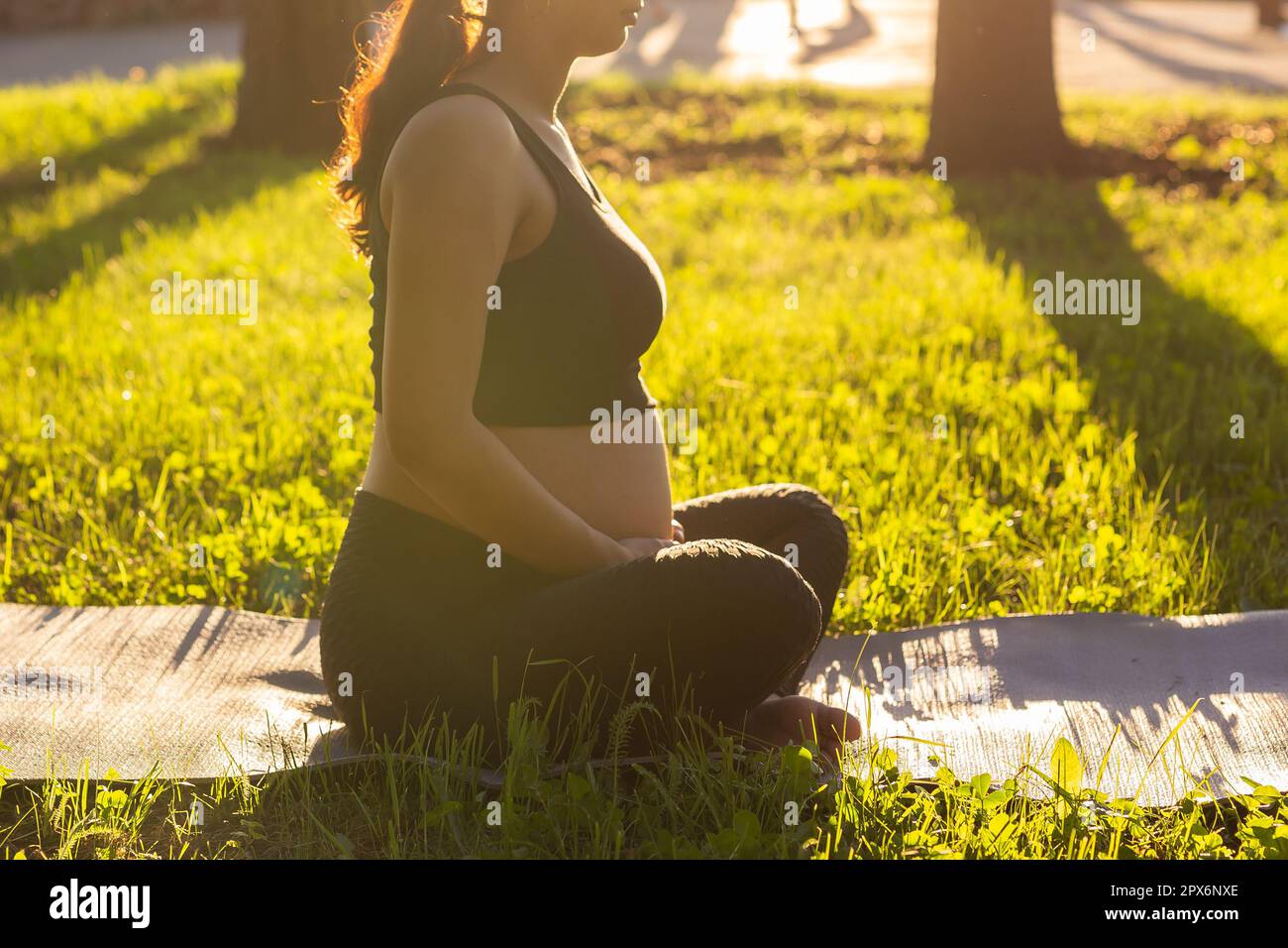 Young Pregnant Woman Meditating In Nature Practice Yoga Care Of