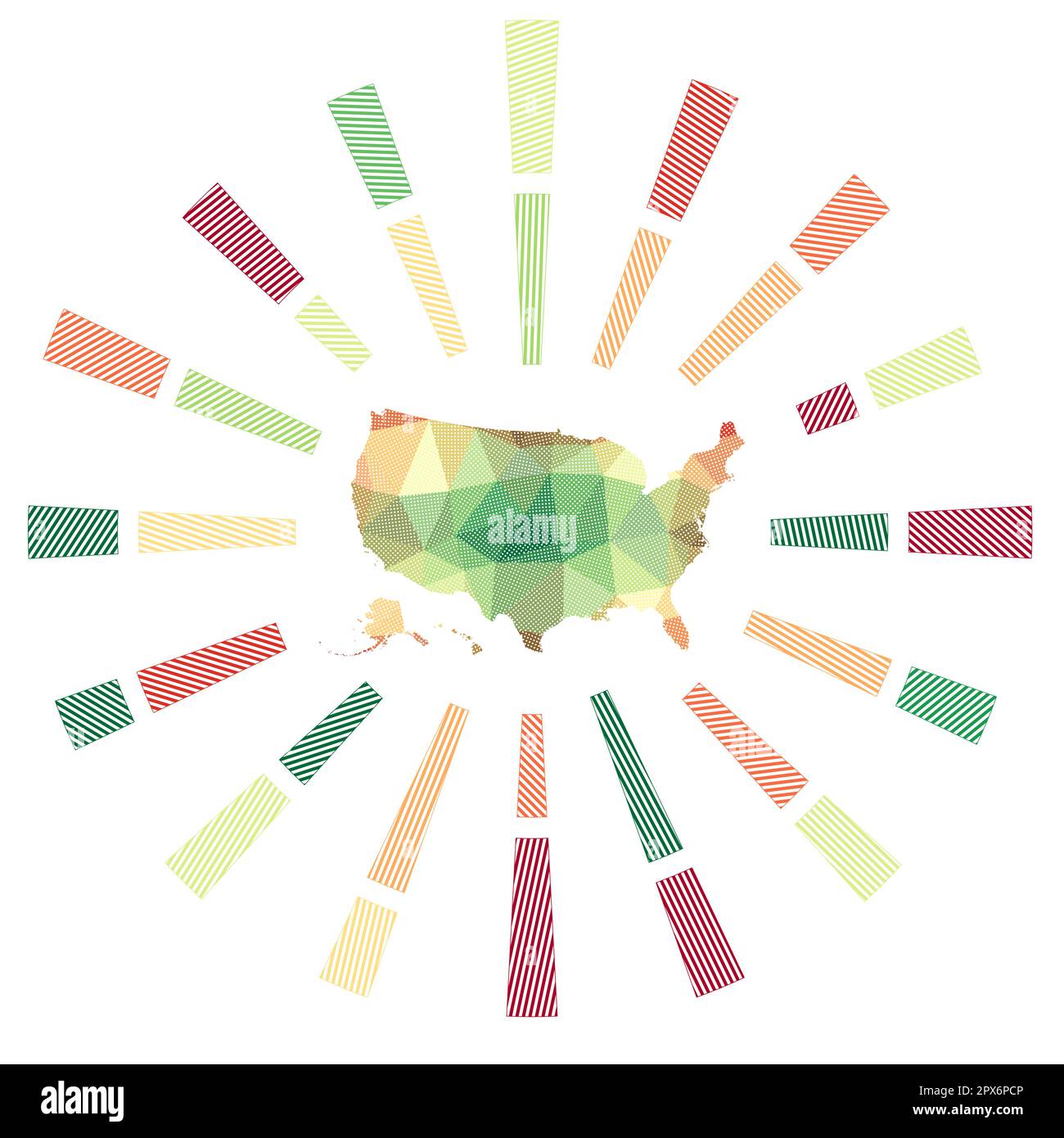 USA sunburst. Low poly striped rays and map of the country. Radiant ...