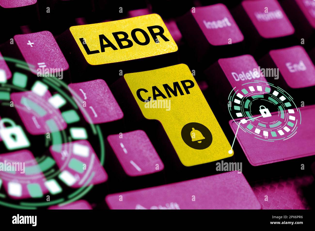 Sign displaying Labor Camp, Concept meaning a penal colony where forced ...
