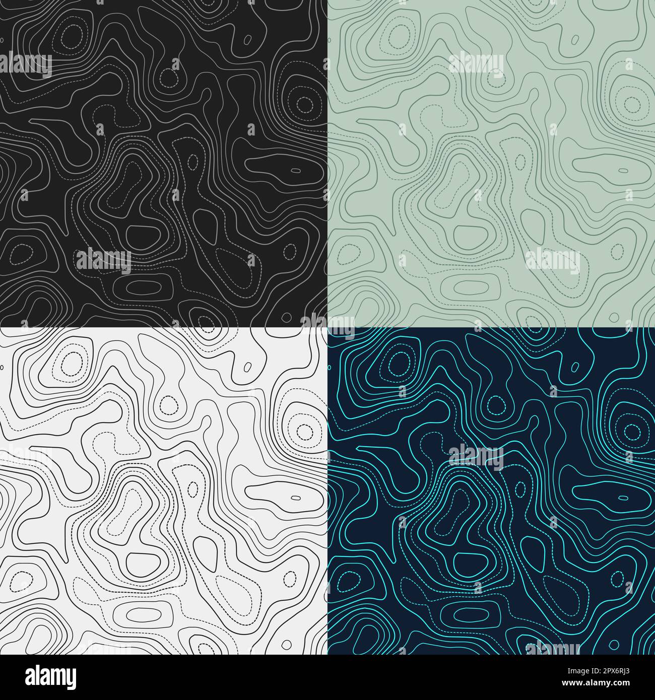 Topography patterns. Seamless elevation map tiles. Artistic isoline ...