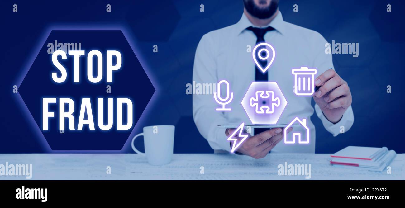 Hand writing sign Stop Fraud, Word for campaign advices people to watch ...