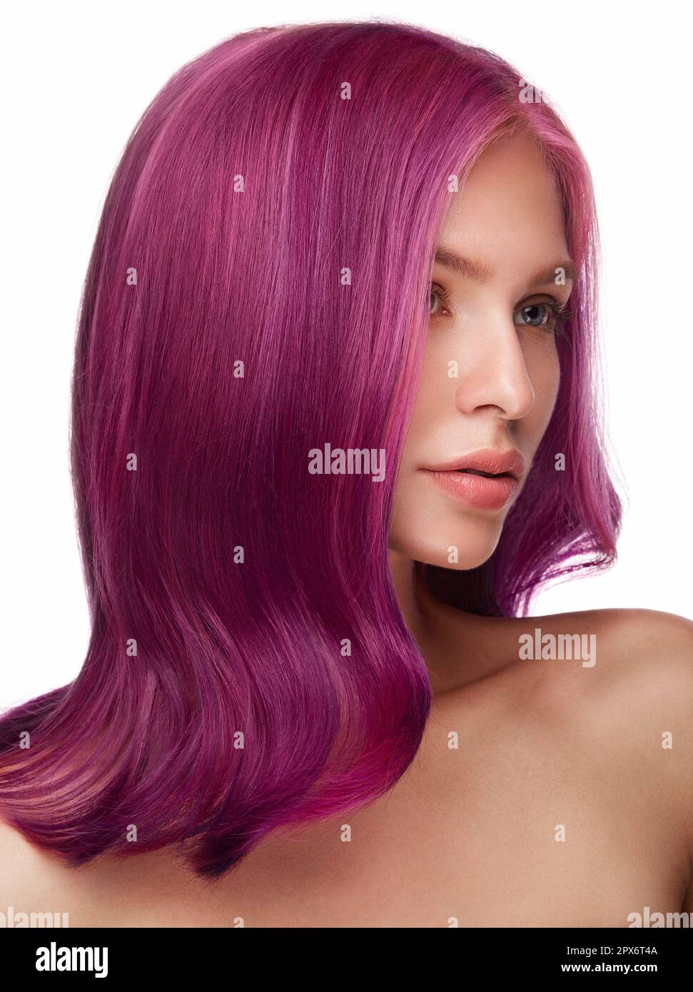 Beautiful girl with multi-colored hair and classic make-up and ...