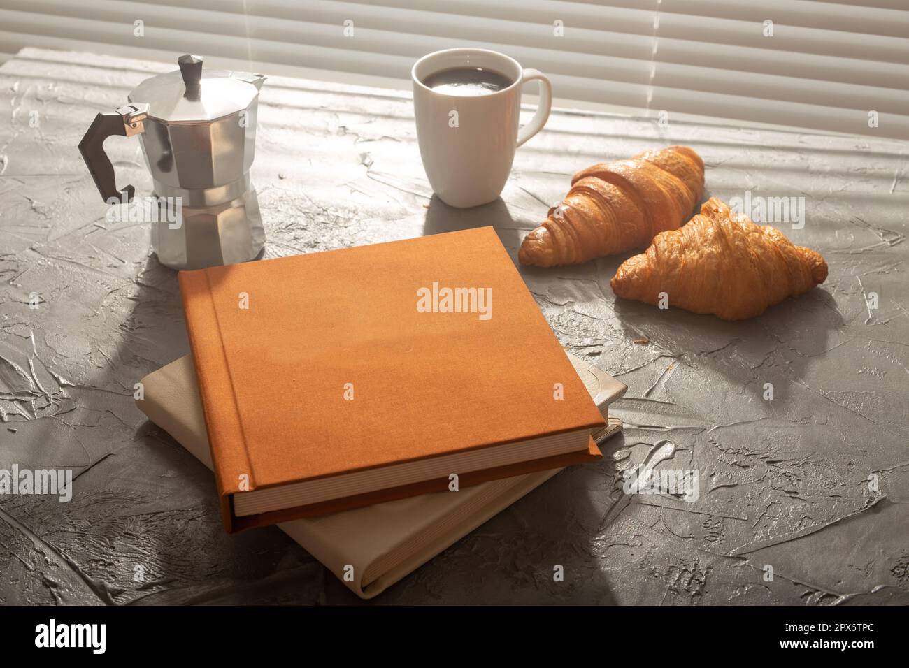 Still life for pleasant morning coffee turk cup and croissants with two ...