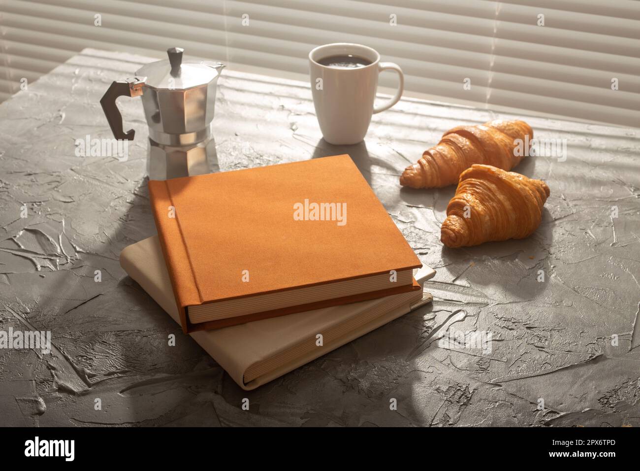 Still life for pleasant morning coffee turk cup and croissants with two ...