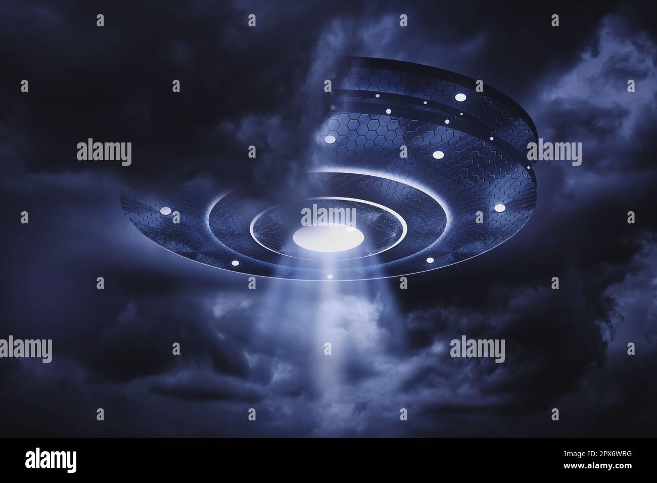 3D Rendering UFO shooting a beam of light in a storm cloud Stock Photo ...