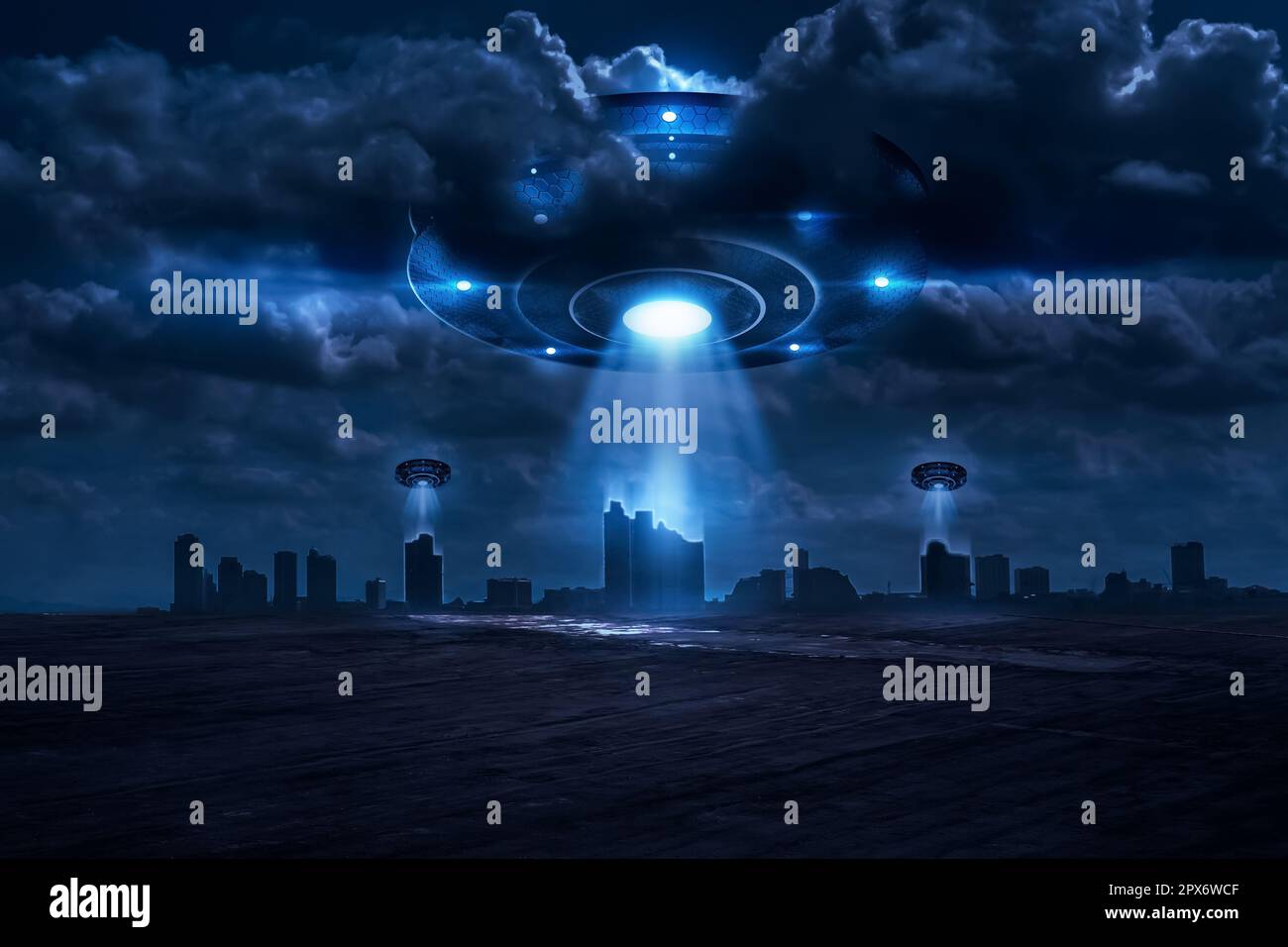 3D Rendering The UFO shooting a beam of light invaded the city at night ...