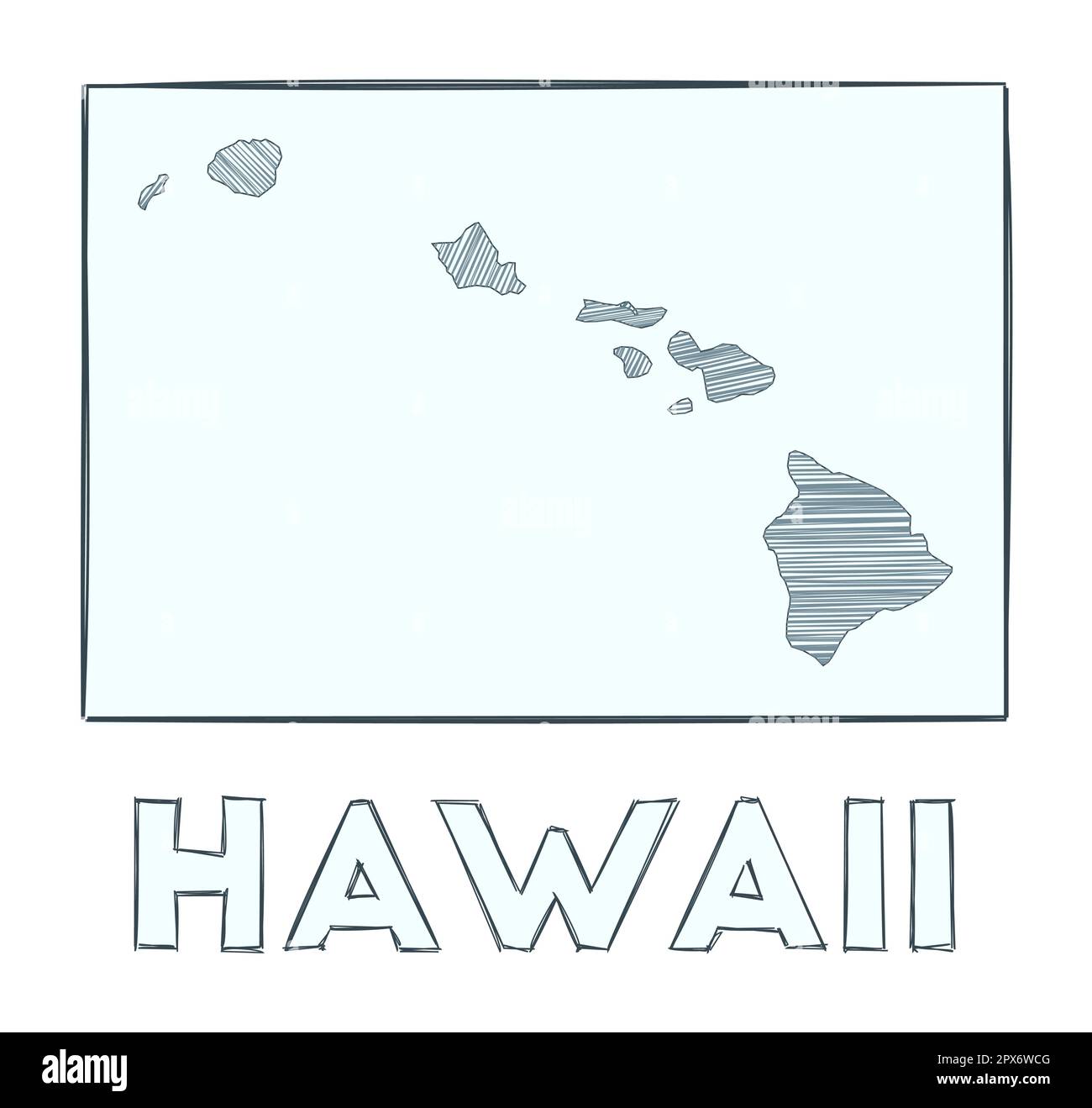 Sketch map of Hawaii. Grayscale hand-drawn map of the US state. Filled ...
